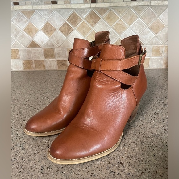 Reba | Shoes | Reba Kc Brown Ankle Boots Stacked Heel Buckle Cross ...
